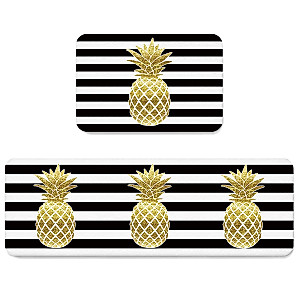 LooPoP Gold Pineapple Kitchen Mats for Floor Cushioned Anti Fatigue 2 Piece Set Kitchen Runner Rugs Non Skid Washable Black Striped 15.7x23.6+15.7x47.2
