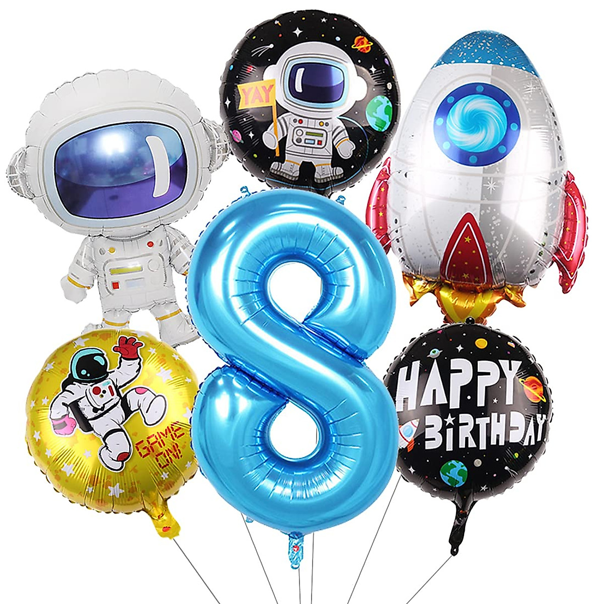 Aabellay Astronaut Balloons Rocket Foil Balloons Outer Space Theme Birthday Party Decorations Supplies Big Foil Mylar Number Helium Global for Boy Party Decor Favors - Blue 8