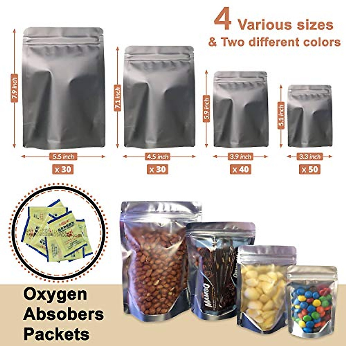 Smell Proof Can Resealable Smell Proof Bags Mylar Bags with Oxygen Absorbers Pack Resealable mylar bags Resealable bags Mylar Ziplock Bags Food Storage Packaging 4 different sizes 150 pieces (Black)
