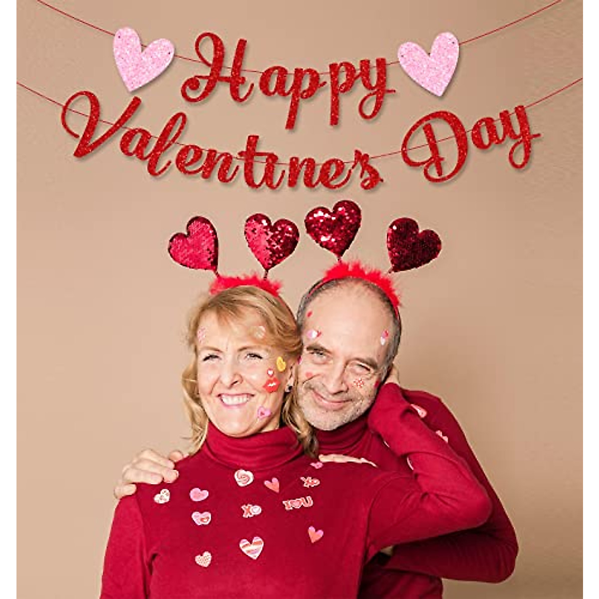 CAVLA Red Glittery Happy Valentine's Day Banner and Red Pink Glittery Hearts Banner Valentine's Day Banner Garland with Heart Signs Valentines Day Party Decorations for Valentines Wedding Anniversary Engagement Party Supplies