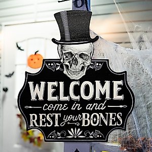 DR.DUDU Halloween Door Decoration, Halloween Welcome Sign, Halloween Skeleton Hanging Welcome Sign, 16" Wood Door Sign Haunted House Skeleton Decor, Halloween Wall Sign (black)