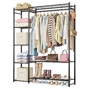 Wardrobe Closet,Portable Clothes Rack with 4 Tiers Shelves,Freestanding Closet Organizers and Storage System with Hanging Rods,Steel Clothing Rack Suitable for Cloakrooms,Bedrooms,Entrances,etc.Black