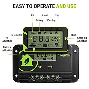 Newpowa 10A PWM Solar Charge Controller 12V/24V Compact Design LCD Display Off Grid Solar Panel Adjustablefor AGM, Gel, Flooded and Lithium Battery