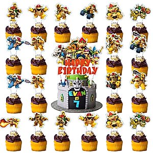 37pcs Bowser Cake Decorations with 1pcs Bowser Cake Topper, 36pcs Cute Cartoon Cupcake Toppers for Girls Birthday Party Decorations