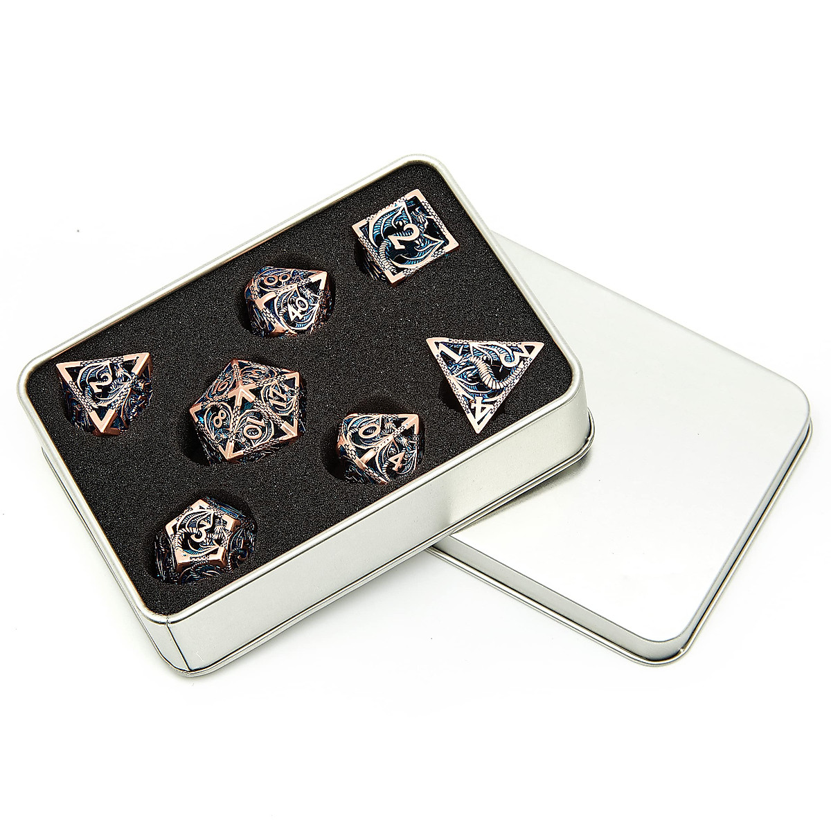 Hollow Metal DND Game Dice Dragon Shaped Blue and Copper Numbers 7Pcs Set for Dungeons and Dragons RPG MTG Table Games D&D Pathfinder Shadowrun and Math Teaching(with Metal case)