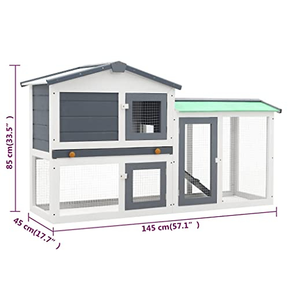vidaXL Solid Wood Outdoor Large Rabbit Hutch Small Animal Enclosure House Pet Cage Habitat Garden Patio Protection Safety Gray and White