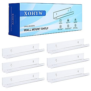 XOHYW Clear LP Vinyl Record Wall Mount Shelf, 6 Pack 12 inch Acrylic Album Record Holder Display Rack, Floating Shelves Perfect for Style Office Home