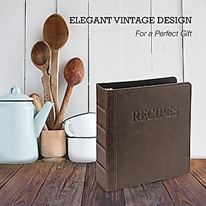 Samsill 2" Junior Recipe Binder Set, Complete with 50 Pack 4" x 6" Recipe Card Sleeves, and 8 Custom Dividers, Faux Brown Leather