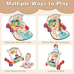 2 in 1 Baby Walker & Play Gym Mat for Boys Girls, Sit to Stand Learning Walker with Musical Piano & Rattles Tummy Time Mat, Babies Floor Activity Push Walker Toys for Infant to Toddler 0 6 9 Months