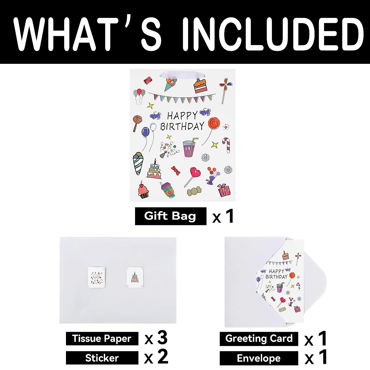 13" Large White Gift Bag Set with Greeting Card and Tissue Papers (Cake and Ice Cream) for Boys, Girls or Kids Birthday Party, Baby Shower