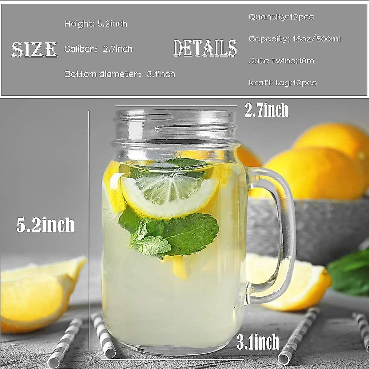 TANGLONG Mason Jar Cups, Mason Jars With Handle And Lids, Mason Jar Drinking Glasses, Glass Mason Jar Mugs 16 oz –12 Pack