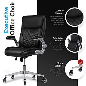 Oline Ergonomic Executive Office Chair - Rolling Home Desk PU Leather Chair with Adjustable Armrests, 3D Lumbar Support and Blade Wheels - Computer Gaming Swivel Chairs (Black)
