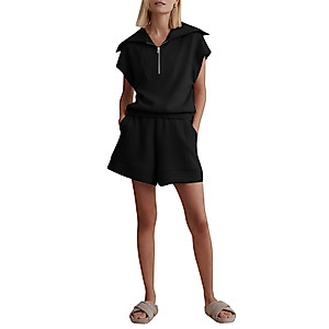 Zwurew Sweat Suits for Women 2 Piece Sets Summer Spring 2024 Short Sleeve Lounge Outfits with Shorts Black S