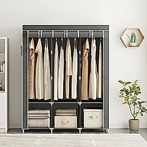 HOMGRNE Portable Closet, 49-Inch Portable Wardrobe with 6 Storage Shelves,3 Hanging Rods and 4 Side Pockets, Bedroom Clothes Organizer Rack with Non-Woven Fabric Cover