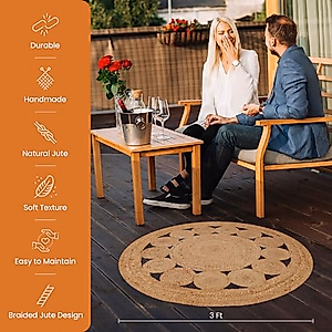Tepo Round Jute Rug 3 ft, Braided Area Rug for Kitchen, Living Room and Bedroom, 100% Natural Rustic Hand Woven Rug, Round Woven Rug