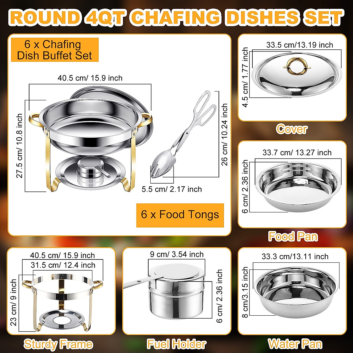 6 Pcs Chafing Dish Buffet Set with 6 Tongs, Stainless Steel Food Warmer Set, 3.7 Qt Round Buffet Server Catering Chafer Warmer with Lid for Birthday Wedding Parties, Catering, Banquets, Events