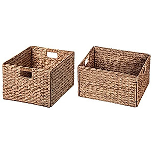 eHemco Rectangular Water Hyacinth Wicker Storage Baskets with Iron Wire Frame, 16.1"x12.6"x9.5", Light Brown, Set of 2