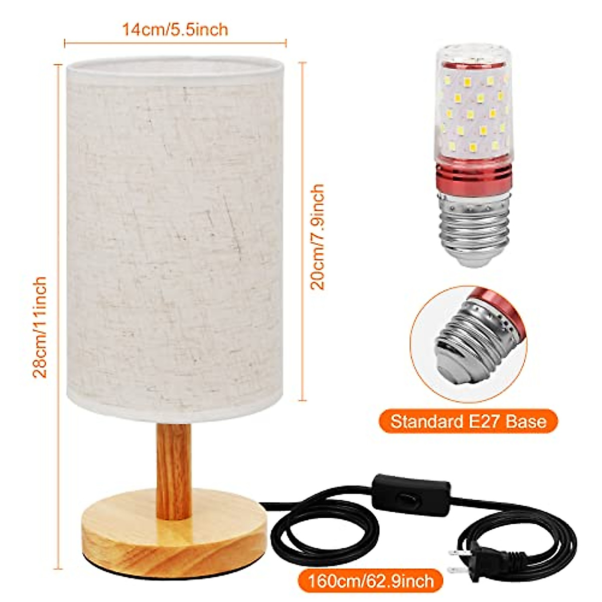 ALOTUS Table Lamp for Bedroom - 12W Bedside Lamps for Nightstand, Solid Wood Night Stand Light Lamp with Round Flaxen Fabric Shade for Living Room, Dorm, Home Office (LED Bulb Included)