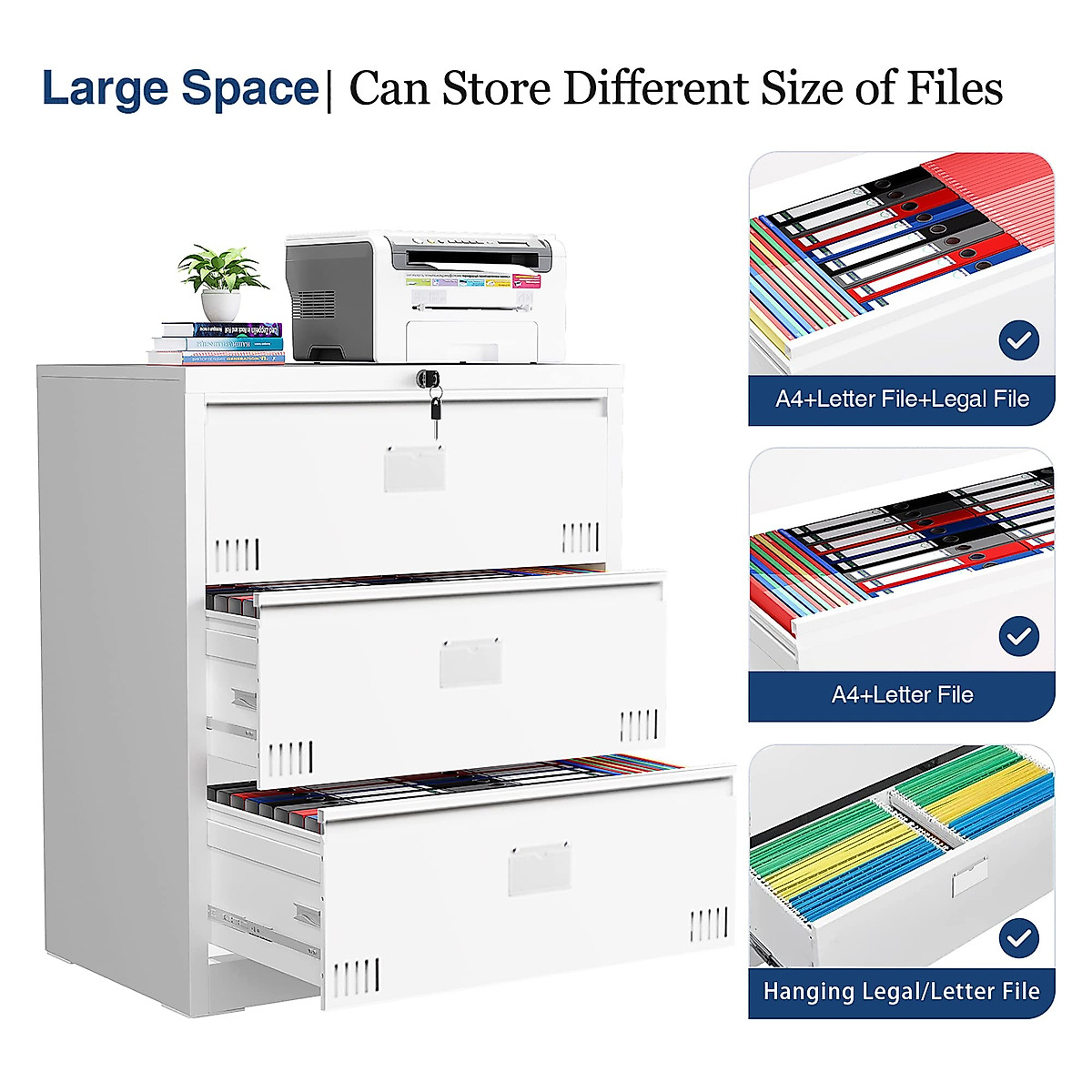 Petonline Metal Lateral Filing Cabinet for Home Office, 4 Drawer Lateral File Cabinet with Lock, Metal Horizontal File Cabinet with Card Slot, Lockable Storage File Cabinet for Hanging Letter/Legal