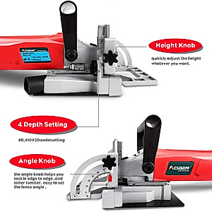 AOBEN 8.5 Amp Biscuit Cutter Plate Joiner with No. 0 Wood(30 Pcs) No. 10 Wood(30 Pcs) No. 20 Wood(50 Pcs), 4" Tungsten Carbide Tipped Blade, Adjustable Angle and Dust Bag