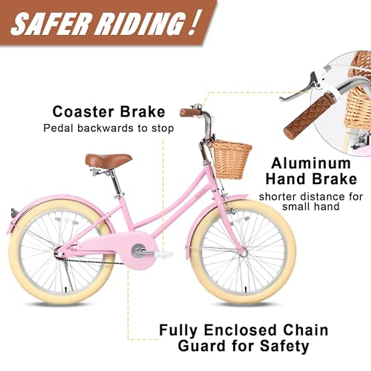 Glerc Little Molly 20 inch Kids Retro Cruiser Bike Bicycle for Girls Ages 7 8 9 10 11 12 13 Year Old with Wicker Basket & Lightweight & Kickstands & Bell for Birthday Gift Pink