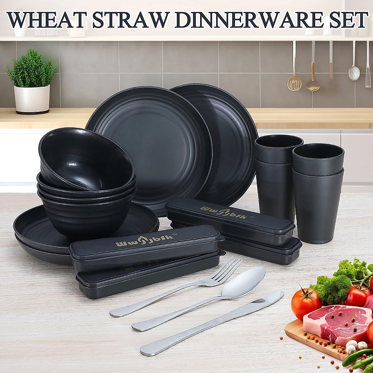 28pcs Wheat Straw Dinnerware Sets for 4, Microwave Safe Wheat Straw Plates and Bowls Sets, Large Plates, Bowls, Cups