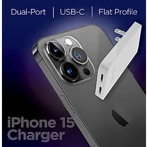 Flat 2-Port USB C Wall Charger, Ultra Slim Dual Power Adapter with Type-C Cable (20W) Fast Charging for iPhone 15, Pro Max/Samsung Galaxy Models (Folding Prongs)