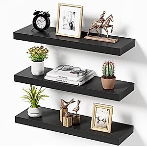 Fixwal Black Floating Shelves, Set of 3 Wall Shelves, Large 24in x 6in Wall Mounted Shelf for Bedroom, Living Room, Bathroom and Plants