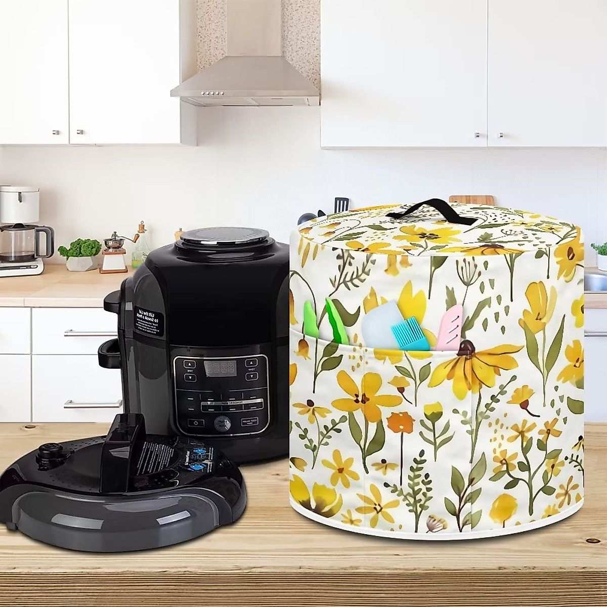 NETILGEN Pressure Cooker Cover for 8 Quart Instant Pot and Air Fryer Accessories, Stain Resistant Washable Round Protective Cover Electric Appliance Cover with Front Pocket, Yellow Floral