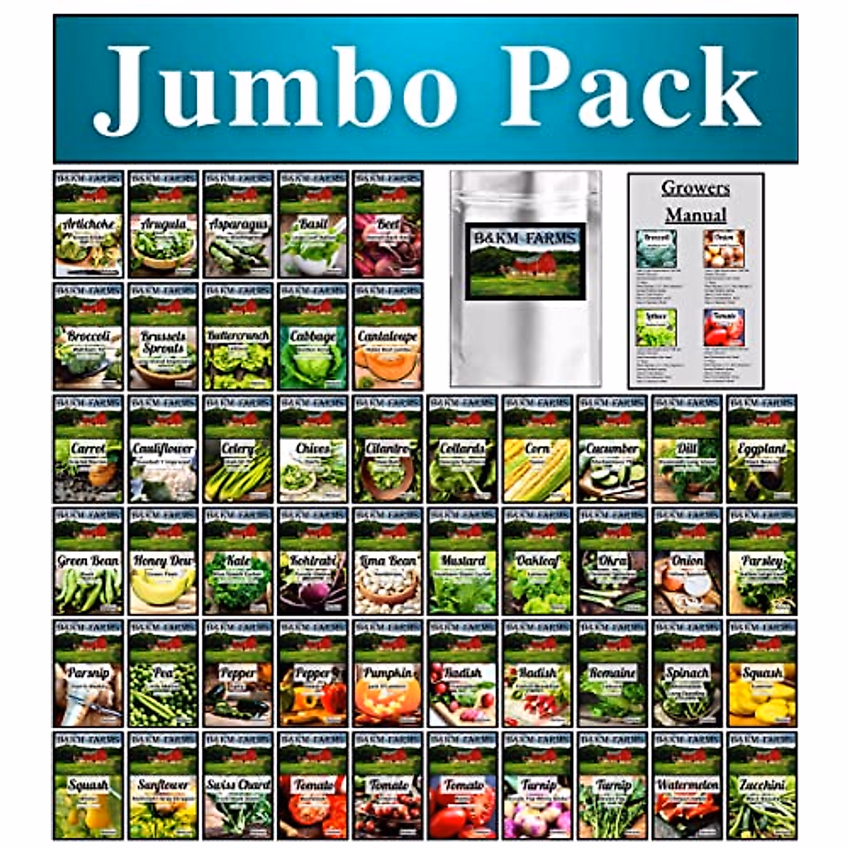 50 Vegetable & Fruit Seeds for Planting Your Outdoor & Indoor Home Seed Garden, Survival Gear Kit Includes 50,000 Seeds A Growing Guide & Mylar Package Gardening Heirloom Non-GMO Veggie Seed B&KM Farm