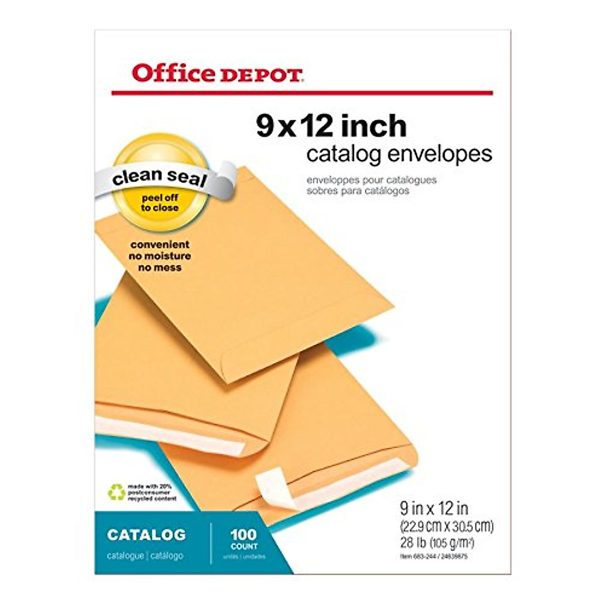 Office Depot Clean Seal(TM) Catalog Envelopes, 9in. x 12in., 20% Recycled, Brown, Pack Of 100, 77922