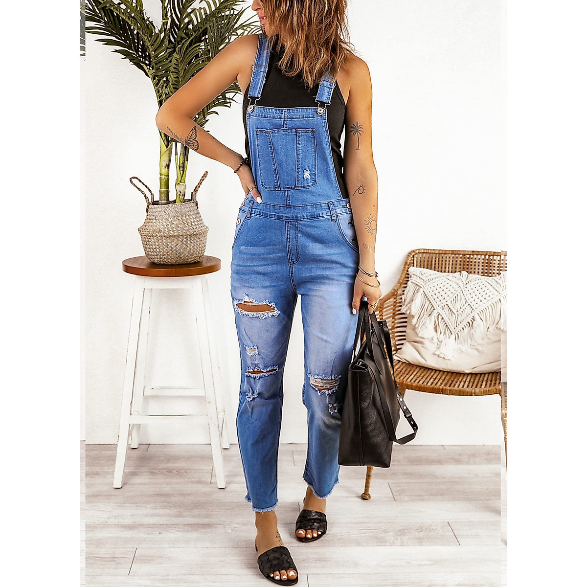 luvamia Women's Casual Distressed Adjustable Denim Bib Overalls Jeans Pants Jumpsuits Blue Size X-Large