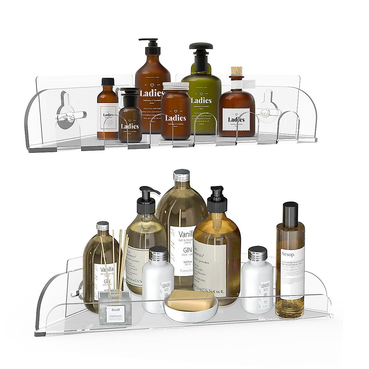 popbricks 2 Pack Acrylic Corner Shower Shelves, Clear Adhesive Shower Caddy Suction Cup for Tile Walls, Wall Mounted Bathroom Shower Shelf for Inside Shower & Kitchen Organizer Storage