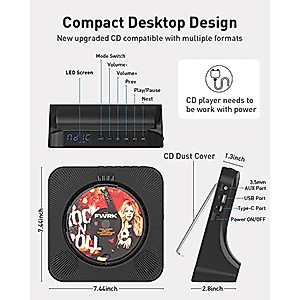 QUALORI CD Player Portable with Bluetooth Desktop Music Player Dual Speakers for Home Audio Boombox,USB Flash Player,FM Radio,AUX Input Output/Remote Control-Black