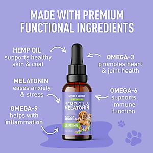 Nature's Synergy Melatonin and Hemp Oil for Dogs, Cats & Pets, 2 Pack, Calming Sleep Support, Omega Fatty Acids for Hip and Joint Support, Skin and Coat Health, Stress from Travel, Separation