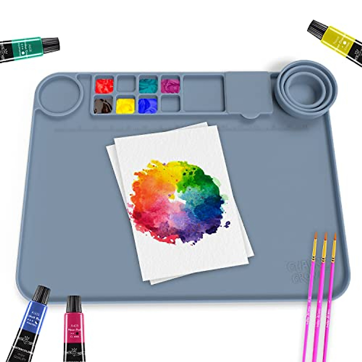 Silicone Craft Mat Silicone Art Mat with Cup Silicone Mats for Crafts - Craft Silicone Mat Silicone Painting Mat - Thick Large Silicone Artist Mat with Cup and Raised Edge for Painting (17.7"x13.7")