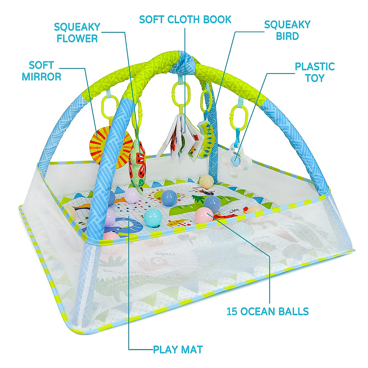 Dr.Rapeti Baby Play Gym Mat with Ball Pit Activity Gym Center Tummy Time Mat Thickened Mat Sensory Exploration Motor Skill Development for Newborn Infant Baby Toddlers