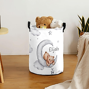 Teddy Bears on Clouds Personalized Laundry Basket,Custom Name Collapsible Waterproof Laundry Hamper Storage Bins with Handle for Clothes,Toys Nursery