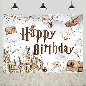 Wizard Birthday Backdrop for Boys Girls Witch Wizard Magic School Happy Birthday Photography Background Decorations Kids Magical Castle Birthday Banner 5x3ft
