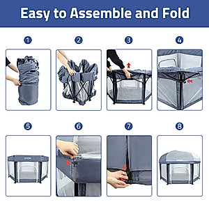 Baby Playpen Foldable Indoor & Outdoor, Onasti Play Yard with Children's Soft Mat, Compact Fence Packable Dome UV Protection, Suitable for Travel/Beach/Picnic Activity Center (Hexagon)