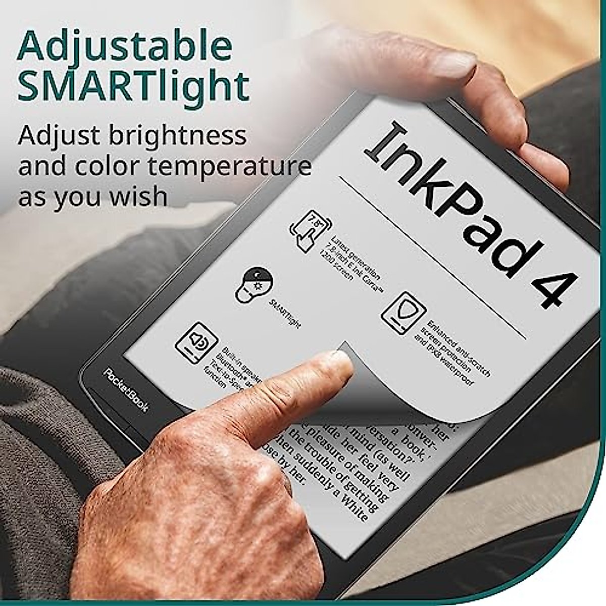 PocketBook InkPad 4 | Eye-Friendly Audio & E-Book Reader | Large 7.8ʺ E-Ink Display | Anti-Scratch Protection | Text-to-Speech Function | Bluetooth® | Built-in Speaker | SMARTlight | IPX8 Waterproof