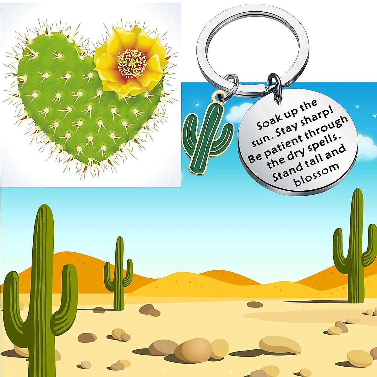 FEELMEM Saguaro Cactus Keychain Soak Up The Sun Stand Tall and Blossom Inspirational Cacti Charms Keychain for Friend Plant Lover Gift (silver)