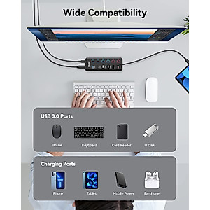 Powered USB Hub, Wenter 6-Port USB 3.0 Hub Splitter (4 USB 3.0 Data Ports + 2 QC 3.0 Fast Charging Ports) with Individual LED On/Off Switches, USB Hub 3.0 Powered with 36W AC Adapter for Mac, PC