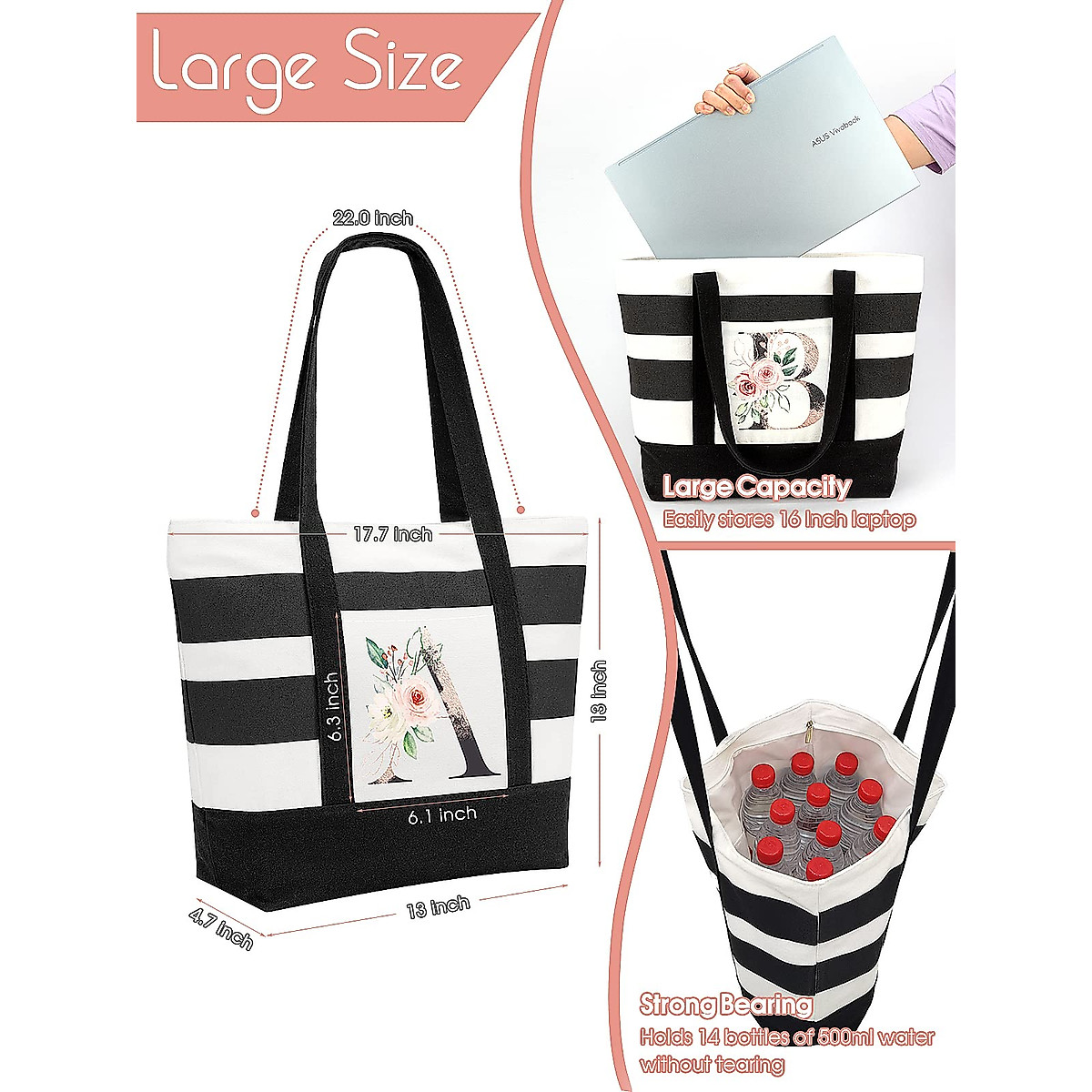 PARBEE Initial Canvas Tote Bag, Stripe & Floral Monogrammed Tote Bag with Pocket Top Zipper, Large Beach Bags Monogram Gift for Women Bridal Shower Wedding Birthday Mom Teachers, D