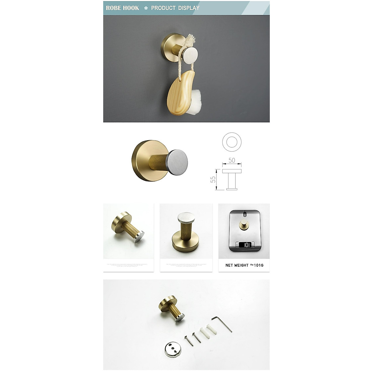 Stainless Steel Brushed and Gold Towel Bar Hook Toilet Paper Holder Toilet Brush Holder Towel Rails Racks Bathroom Accessories,2 PCS Robe Hook