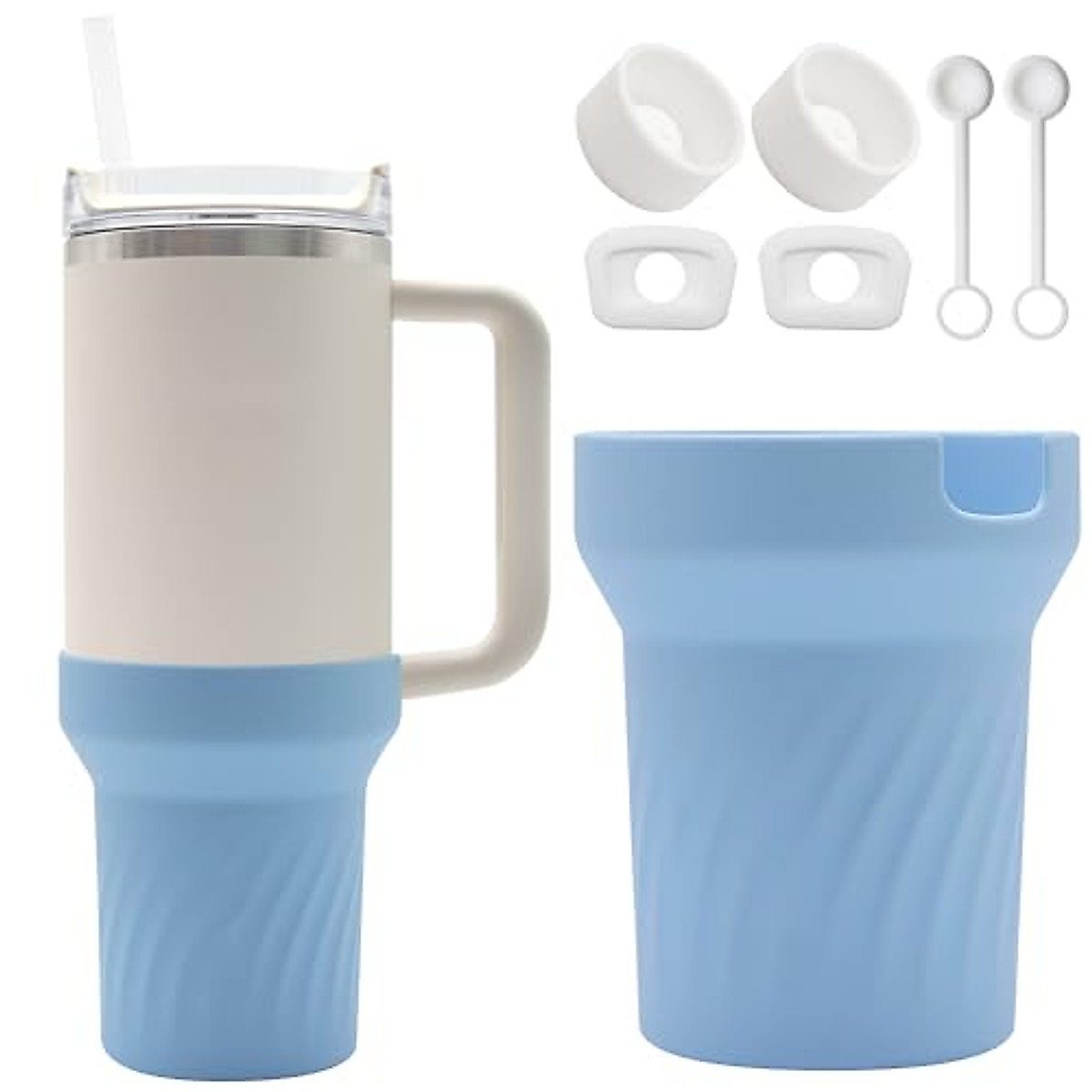 Silicone Cup Boot with 2 Pack Spill Stopper - Fit for 40 OZ Stanley Cup, Reusable Boot Sleeve for Outdoor, Bottom Protector - Light Blue