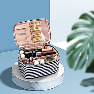 OCHEAL Makeup Organizer Bag, Travel Makeup Bag Organizer Case Portable Cosmetic Bag Make Up Bag for Women And Girls Cosmetics Toiletries with Brushes Slots and Divider-Black/White Stripes