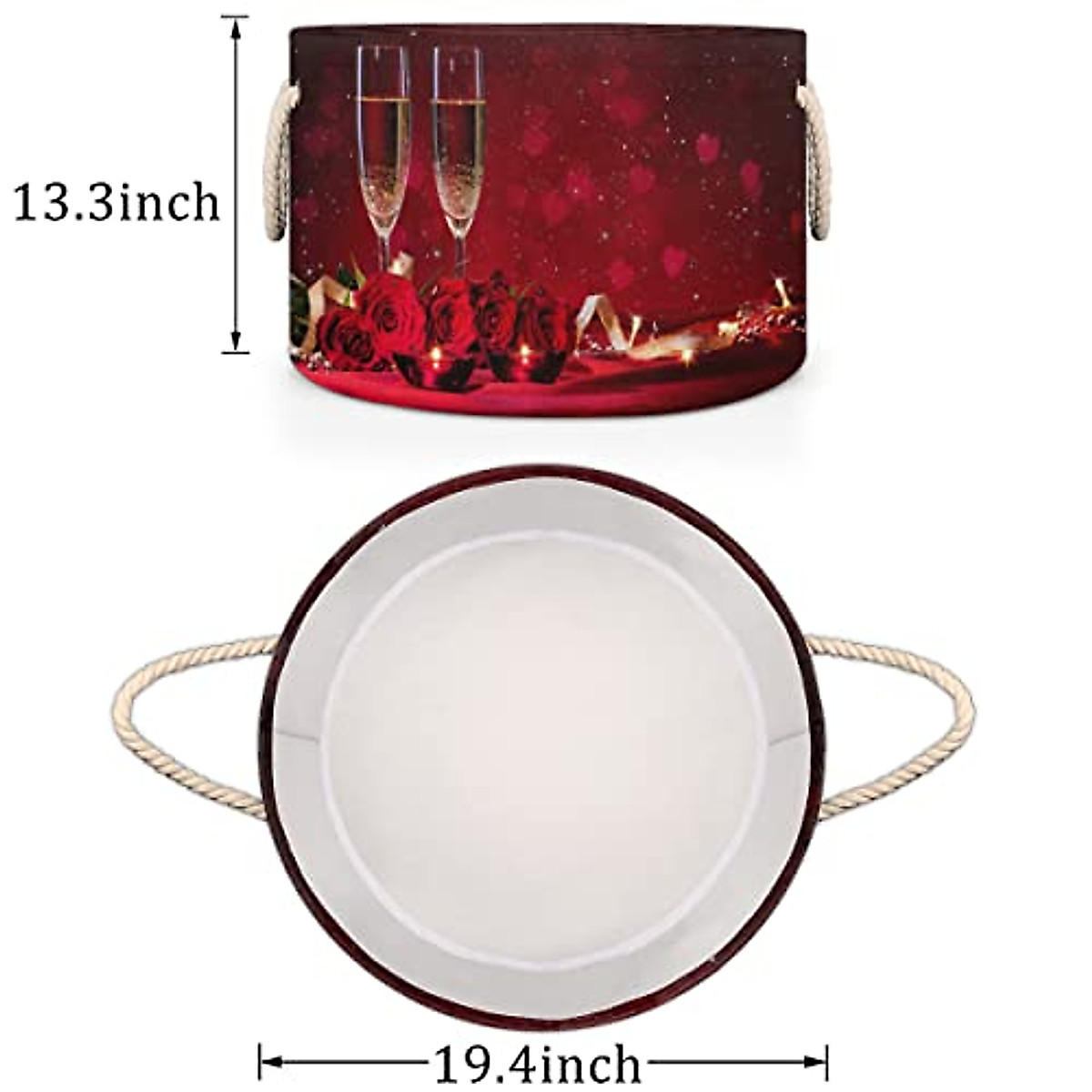 Valentine's Day Wine Rose Large Round Baskets for Storage Laundry Baskets with Handles Blanket Storage Basket for Bathroom Shelves Bins for Organizing Nursery Hamper Girl Boy