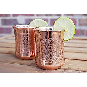 Alchemade 100% Pure Copper Mint Julep Tumbler Cups - 12 Oz Derby Cups With Etched Floral Design For Mint Juleps, Cocktails, Or Your Favorite Beverage - Keeps Drinks Colder, Longer