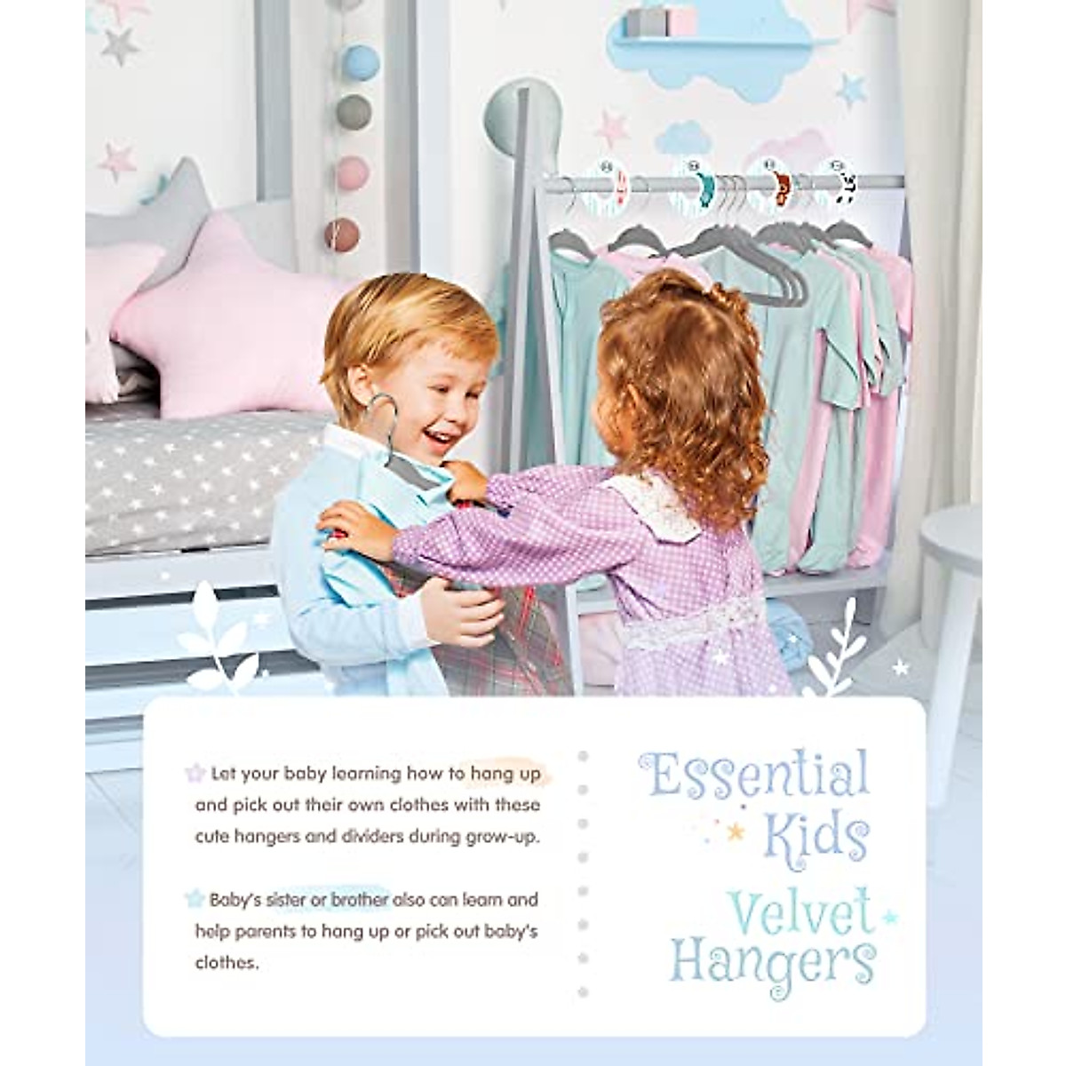 Kids Velvet Hangers, VIS'V 11 Inch Gray Non-Slip Baby Clothes Hangers with 6 Pcs Cute Clothing Dividers for Infant Toddler Boys & Girls Closet Organizer - 30 Pack